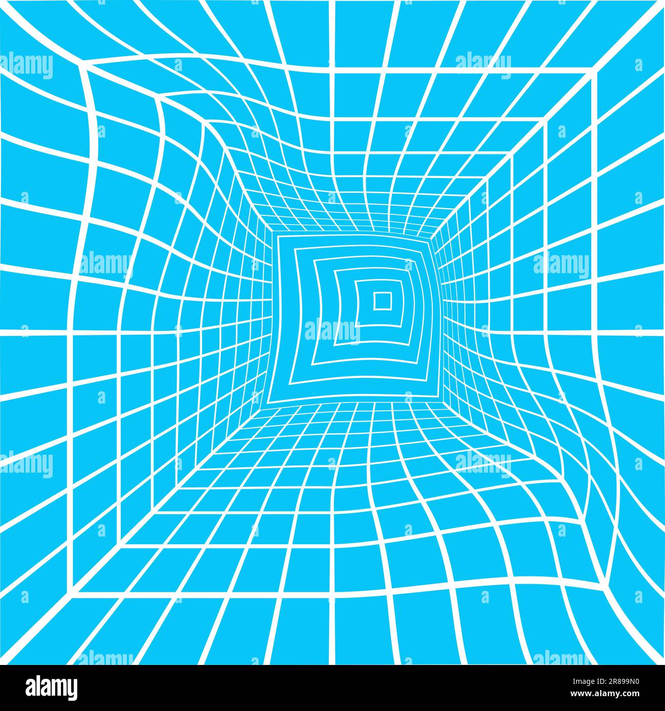 Distorted white square room wireframe on blue background. Hallway ...