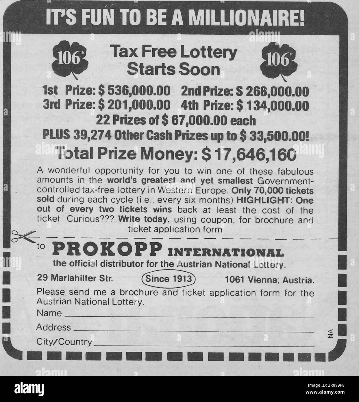 Austrian national Lottery advertisement. Prokopp international lottery ...