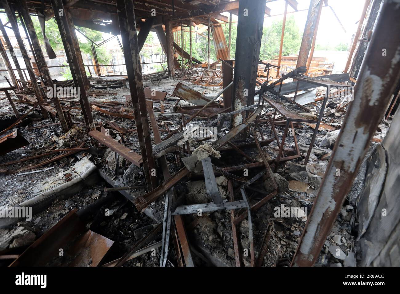 LYMAN, UKRAINE - JUNE 16, 2023 - An Ukrtelecom office building lies in ...