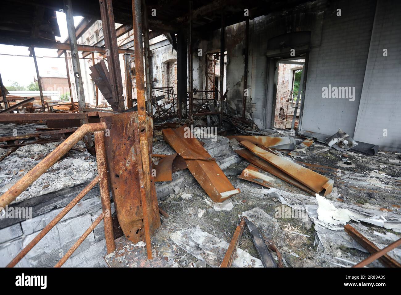 LYMAN, UKRAINE - JUNE 16, 2023 - An Ukrtelecom office building lies in ...