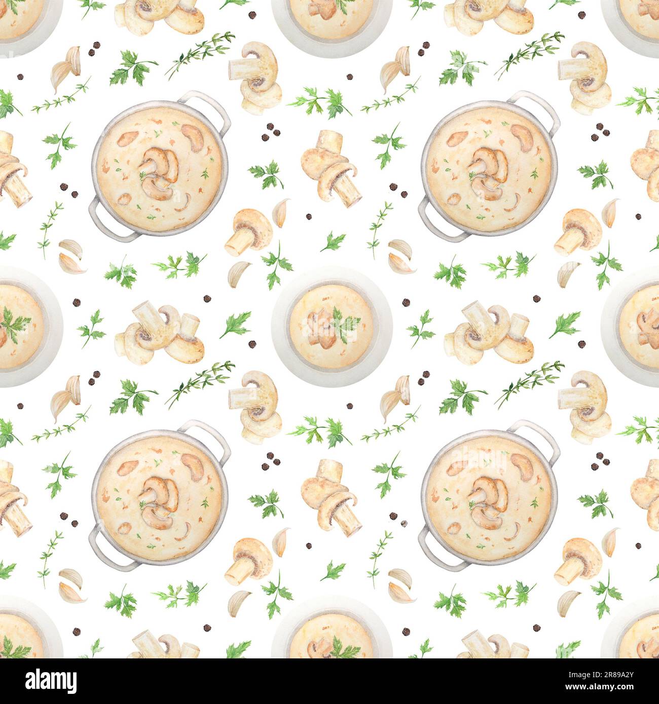 Watercolor illustration of mushroom soup. Champignon. Botanical ...