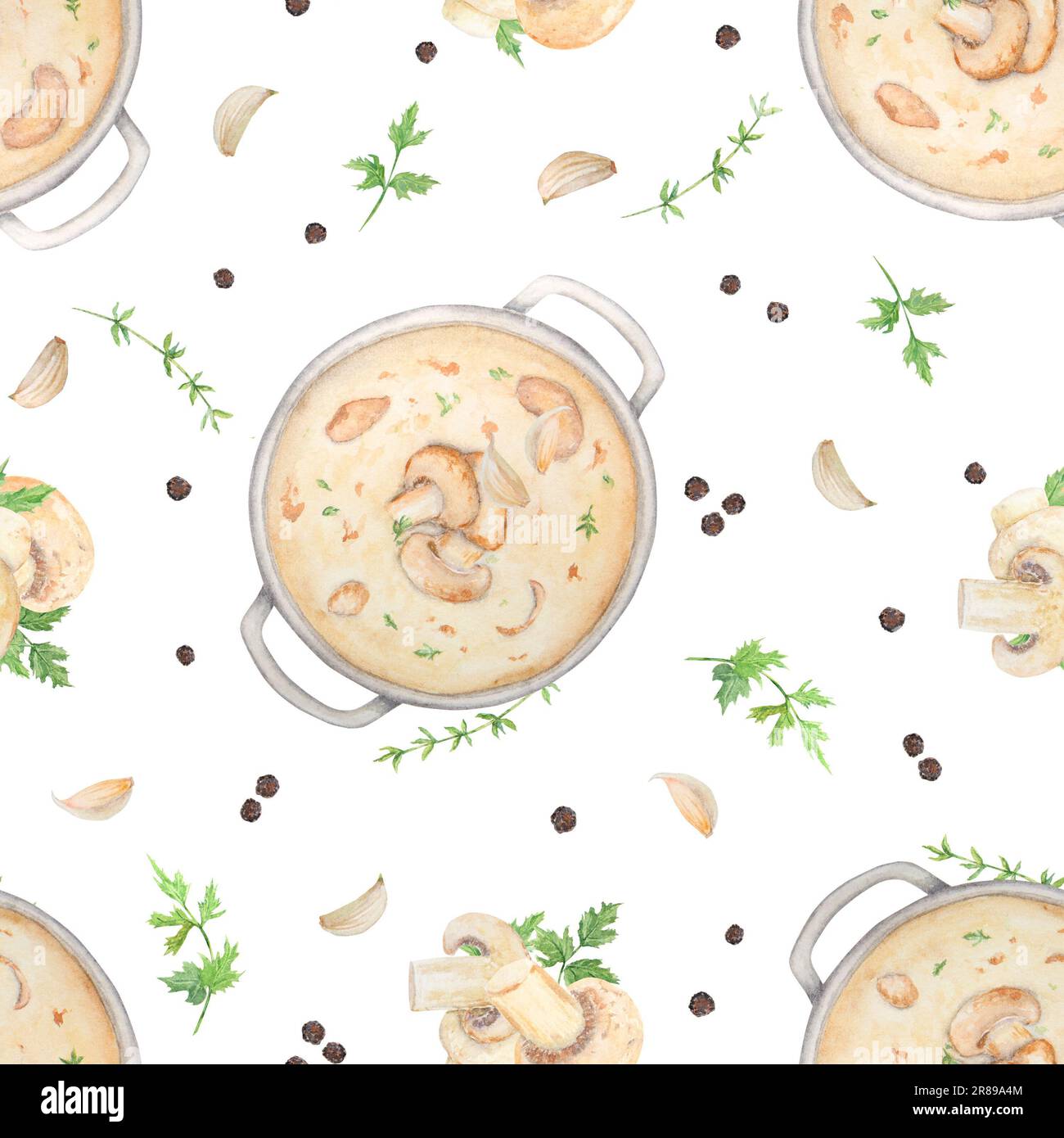 Watercolor illustration of mushroom soup. Champignon. Botanical ...