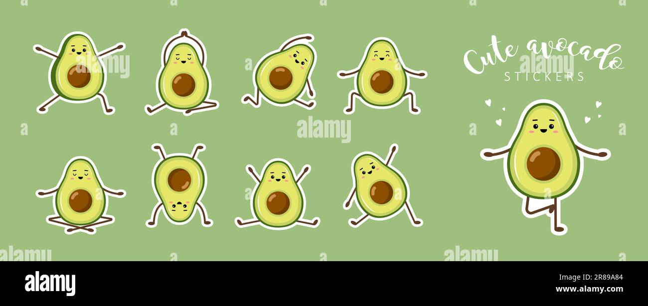 Cute kawaii avocado stickers. Set of doodle fruit on green background ...