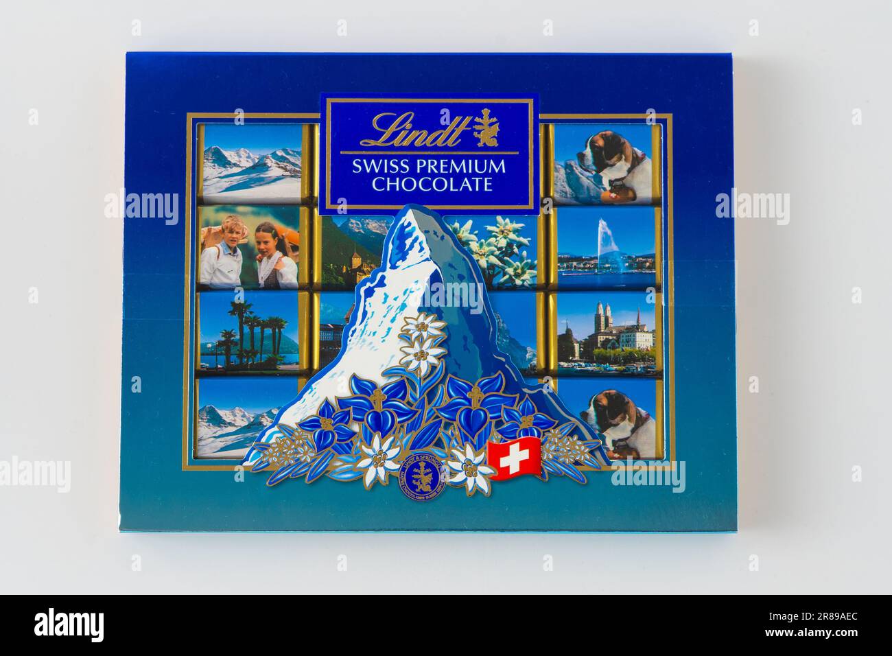 A blue box of Lindt chocolates. Swiss premium chocolate. Souvenir gift ...