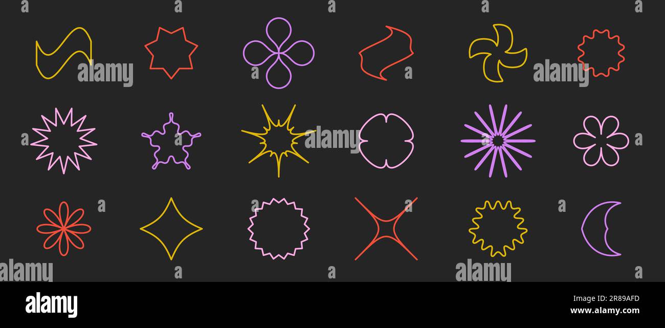 Outline stars, flowers, crosses, waves shapes set. Primitive linear ...