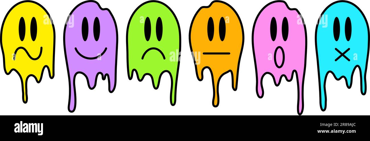 Colorful melt smile faces with different emotions. Cartoon trippy ...