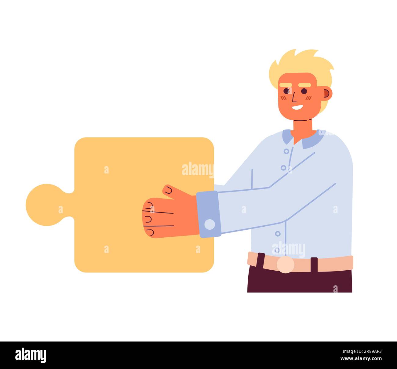 Caucasian office worker holding puzzle piece semi flat colorful vector ...