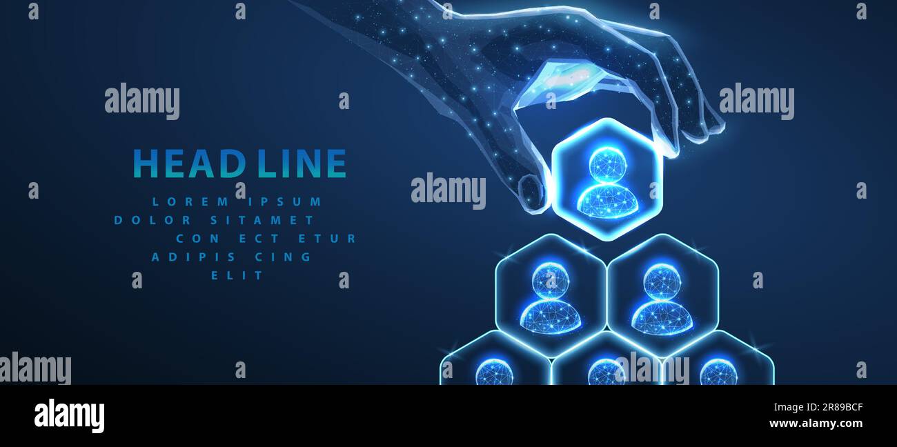 HR manage. Abstract 3d human hand hold leader icon in hexagon on top of ...