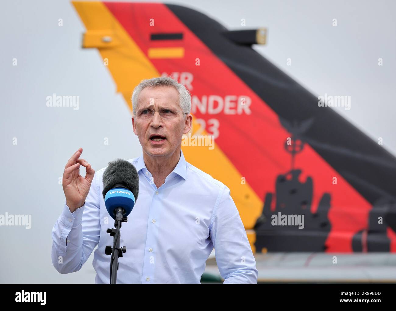 Jagel, Germany. 20th June, 2023. Jens Stoltenberg, NATO Secretary General, speaks during a ...