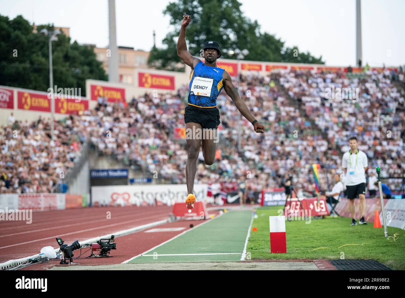 Marquis Dendy of the USA competing in the men’s long jump at the Oslo ...