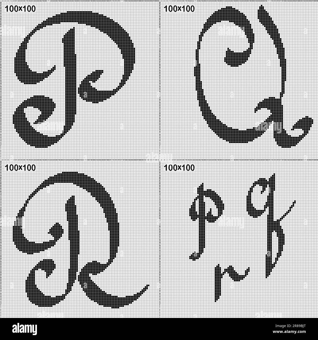 Pattern for knitting or cross stitch - calligraphic letters P, Q, R ...