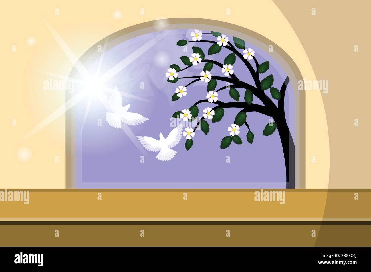 Flowering tree, two white birds and sunbeams outside the window vector ...