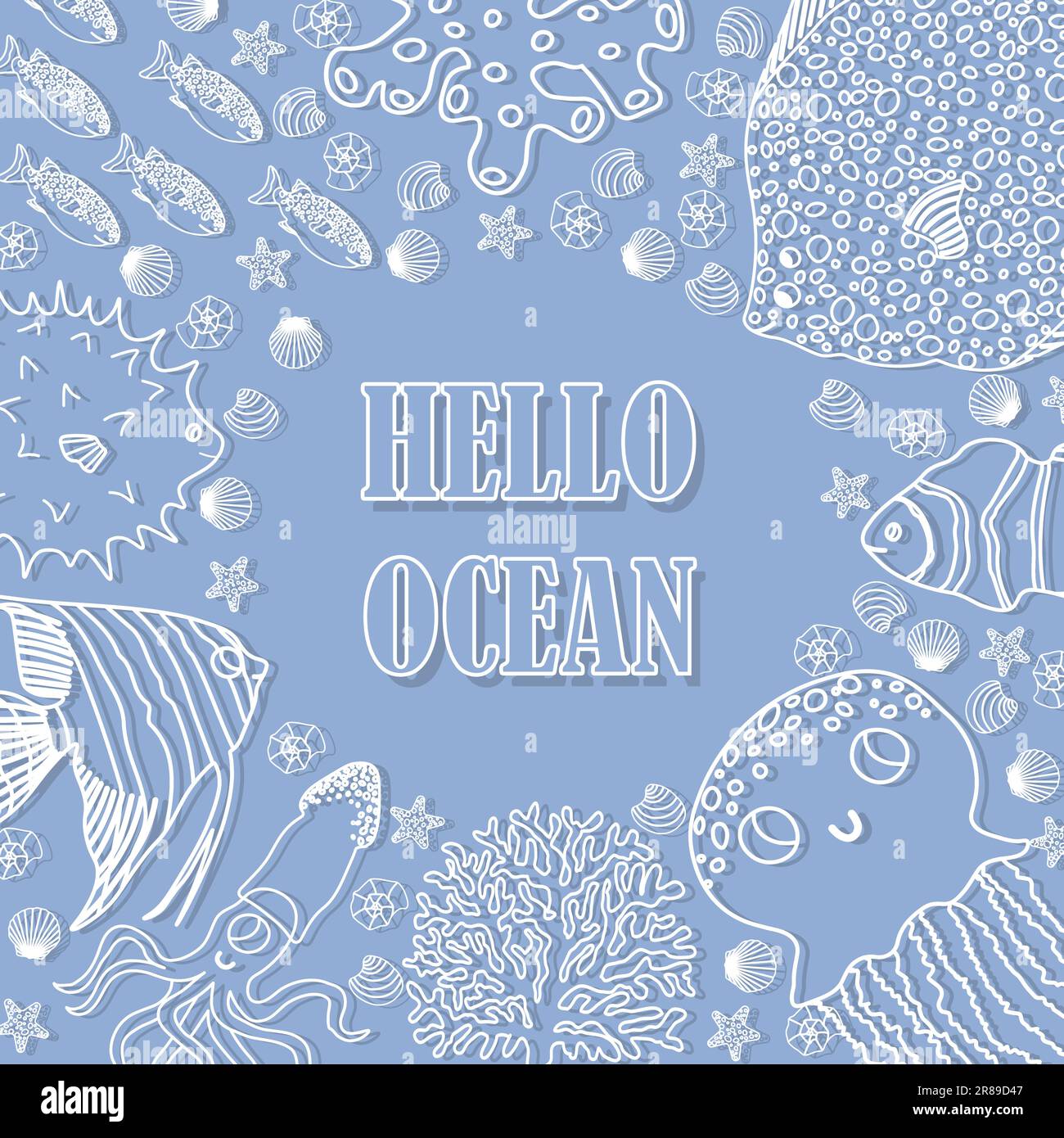 Vector ocean illustration with fish,jellyfish,squid,corals,algae,shell ...