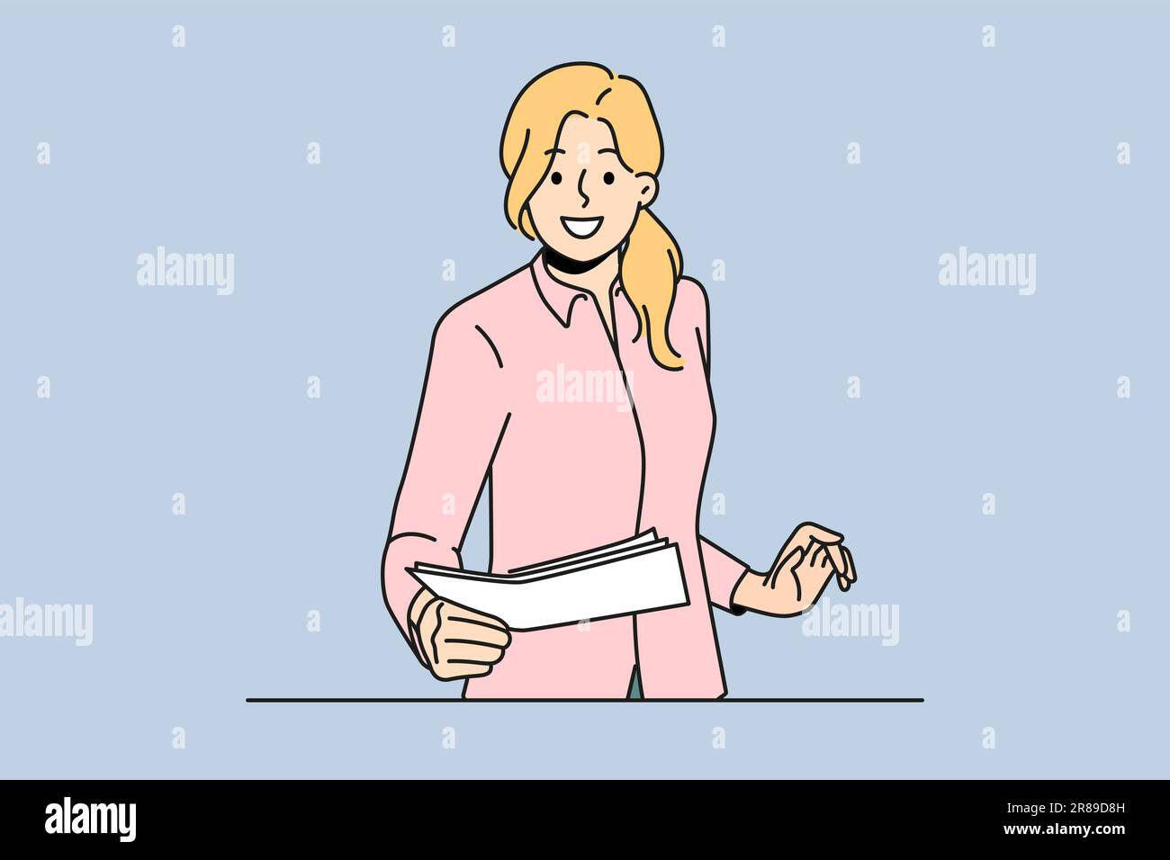 Smiling female employee deliver paperwork in office. Happy clerk pass ...