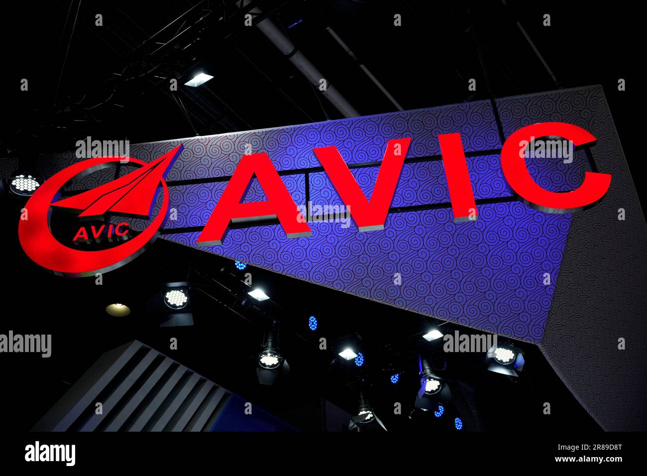 Chinese jet manufacturer AVIC's logo is displayed at the Paris Air Show ...