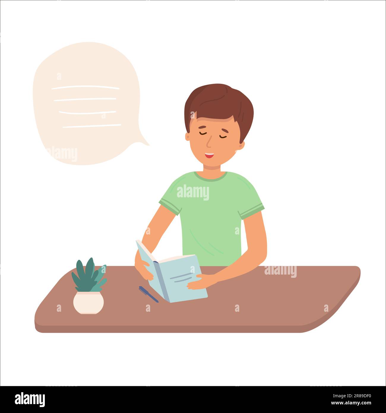 Little boy is holding open books and reading. Vector concept ...