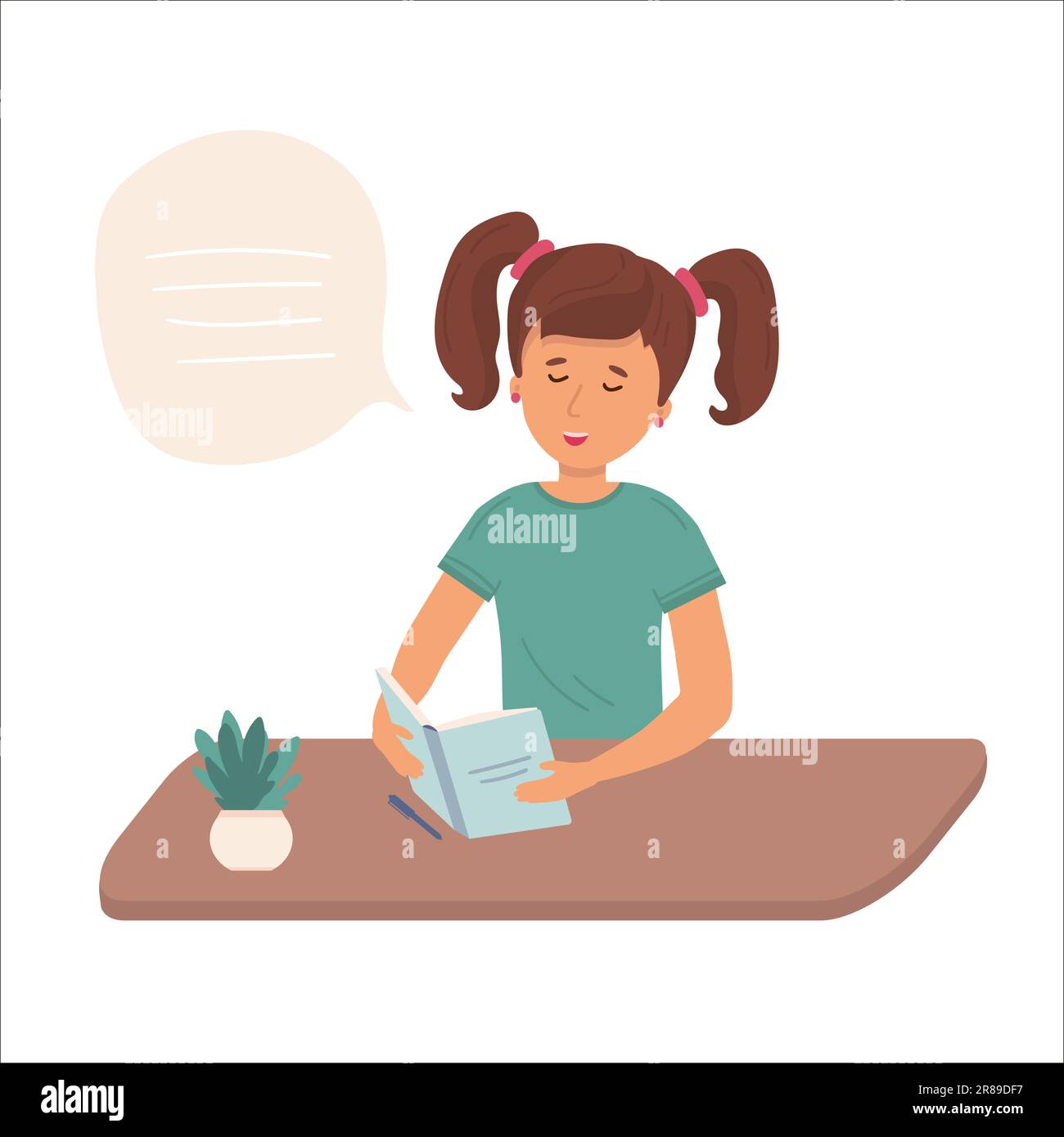Little girl is holding open books and reading. Vector concept ...