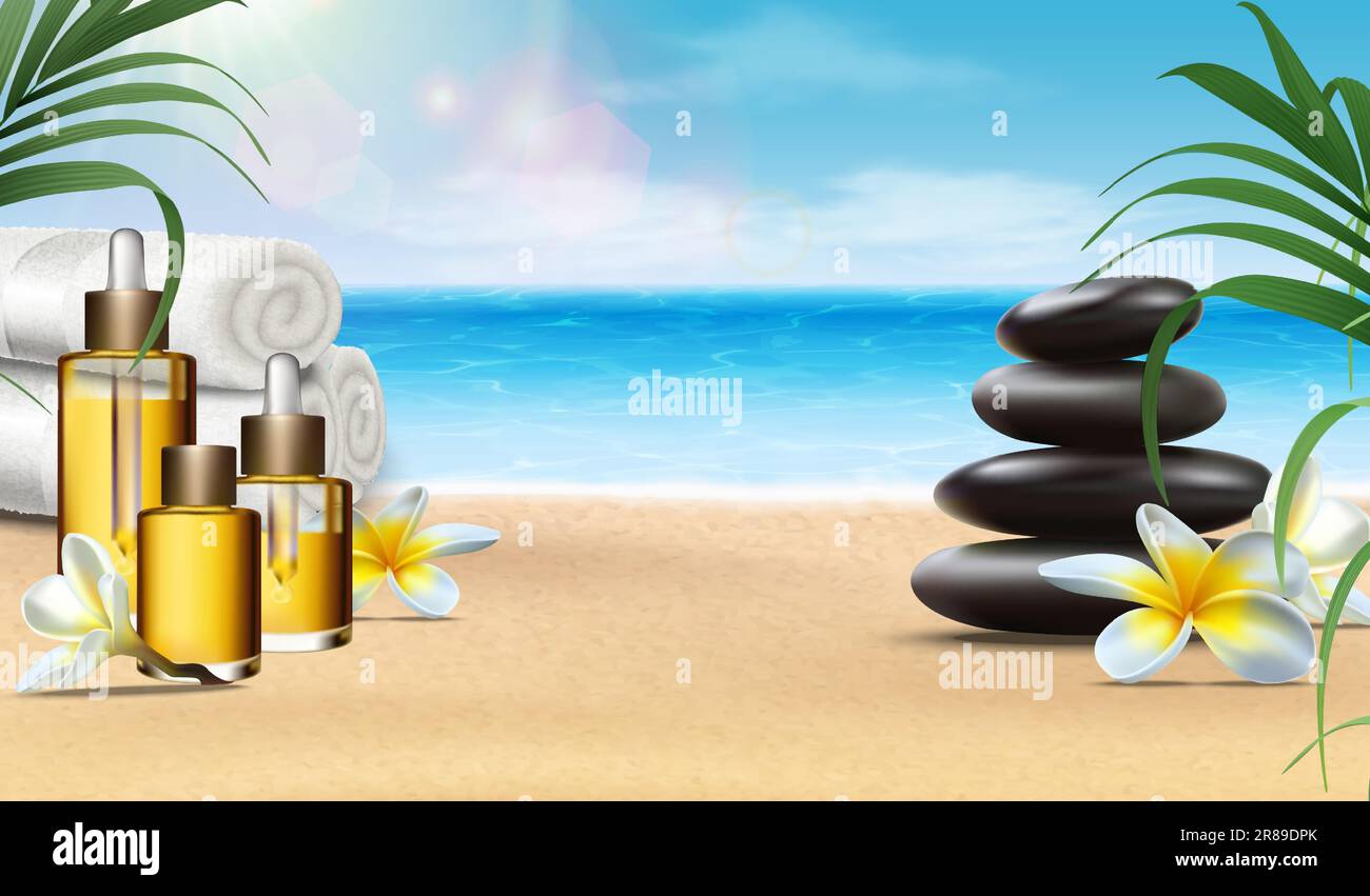 Vector realistic background. Spa banner. Beach with sand. Stones and ...
