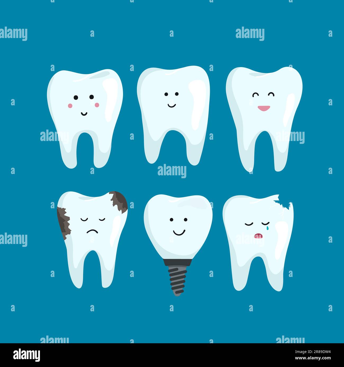 Set of clean and sick dental characters on blue background, teeth ...