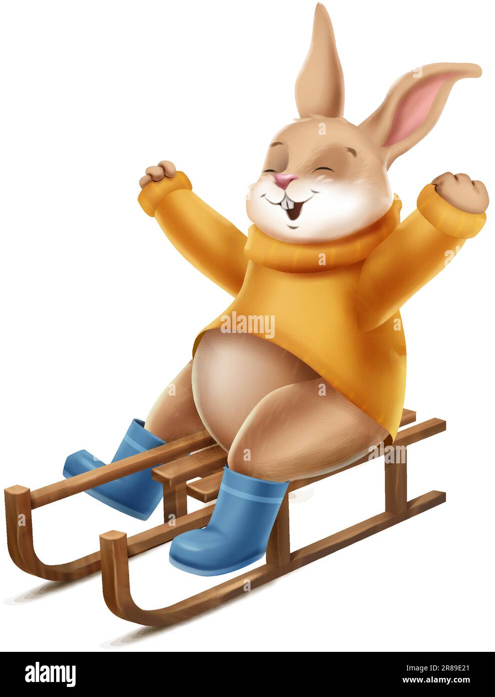 Vector cartoon style icon illustration. Happy cute rabbit going down on ...