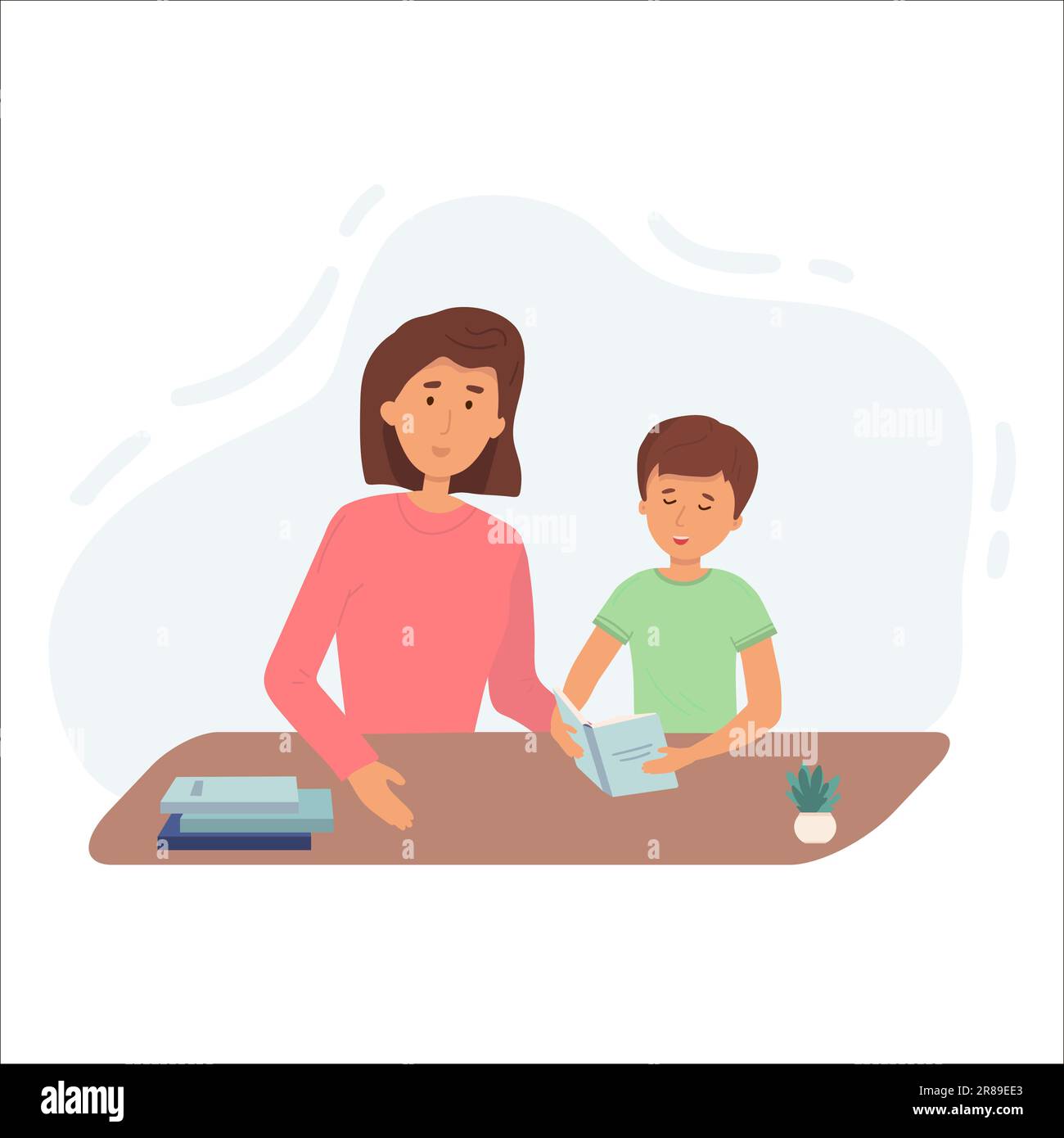 Illustration of a mom praising her son after he finished his homework ...