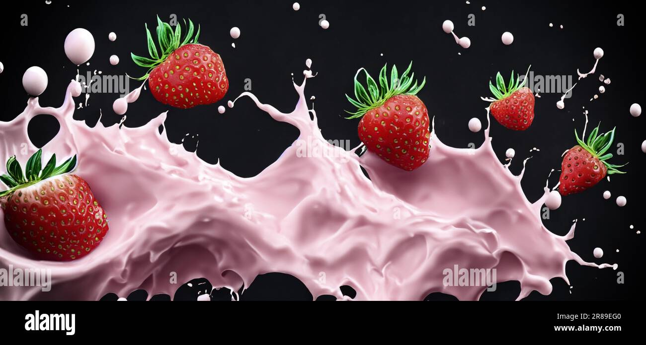 Strawberry milk splashing with strawberry isolated on Black background ...