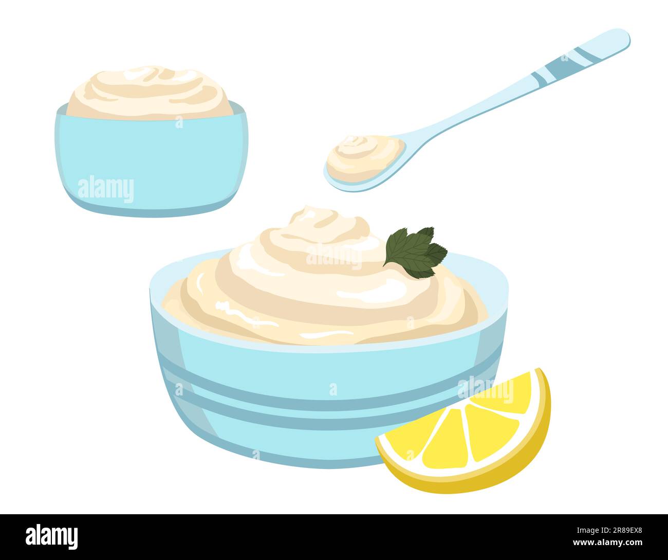 Blue Bowl of Mayonnaise spoon with mayonnaise, lemon, parsley Isolated ...