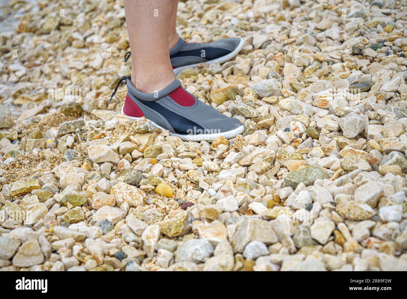 Men's legs in aquashoes on stones Stock Photo - Alamy