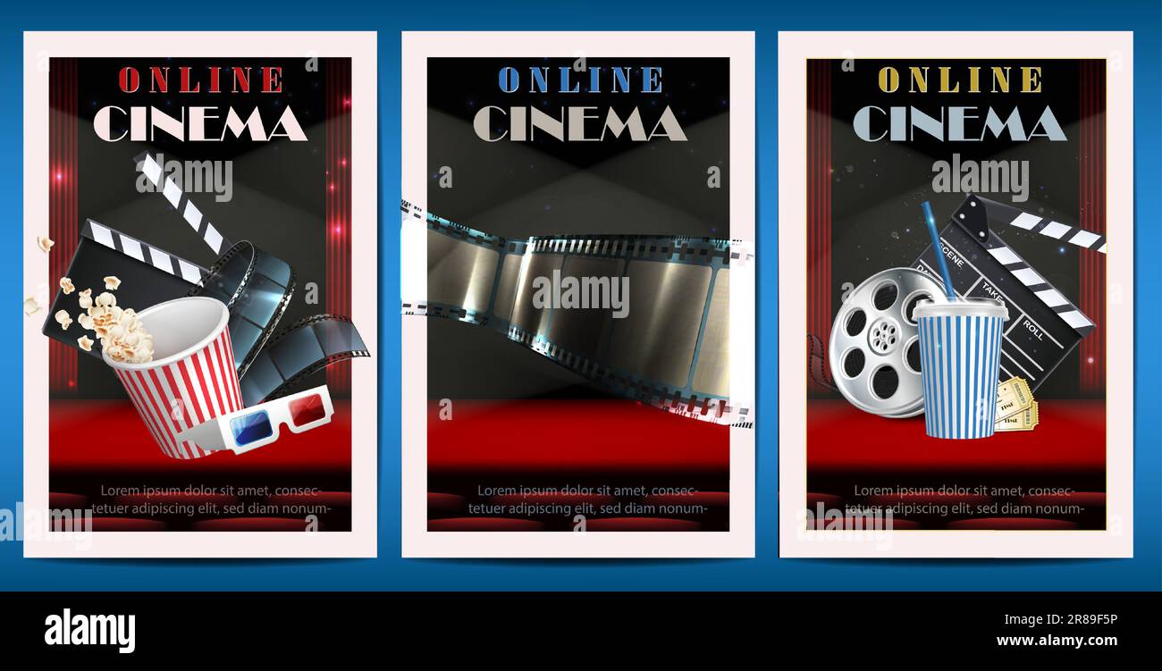 3d realistic vector banners. Movie cinema posters with popcorn ...