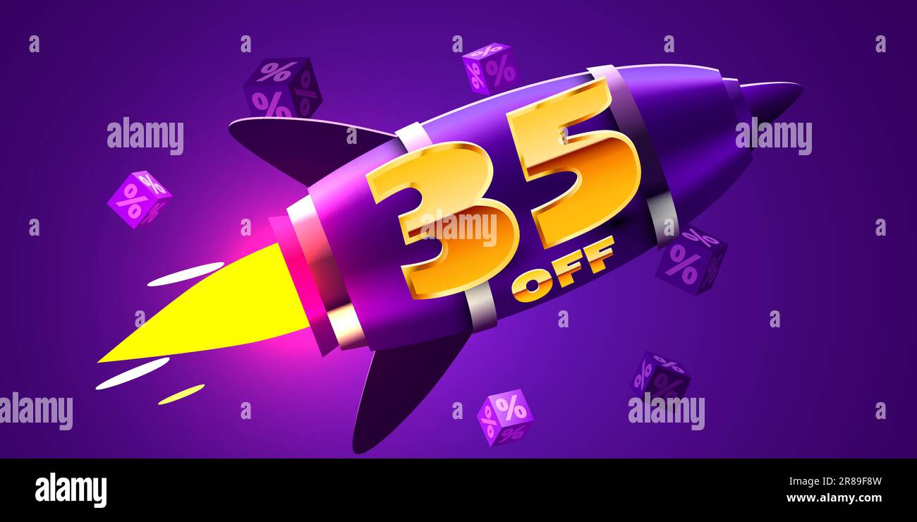 35 percent Off. Discount creative composition with rocket. Mega Sale ...