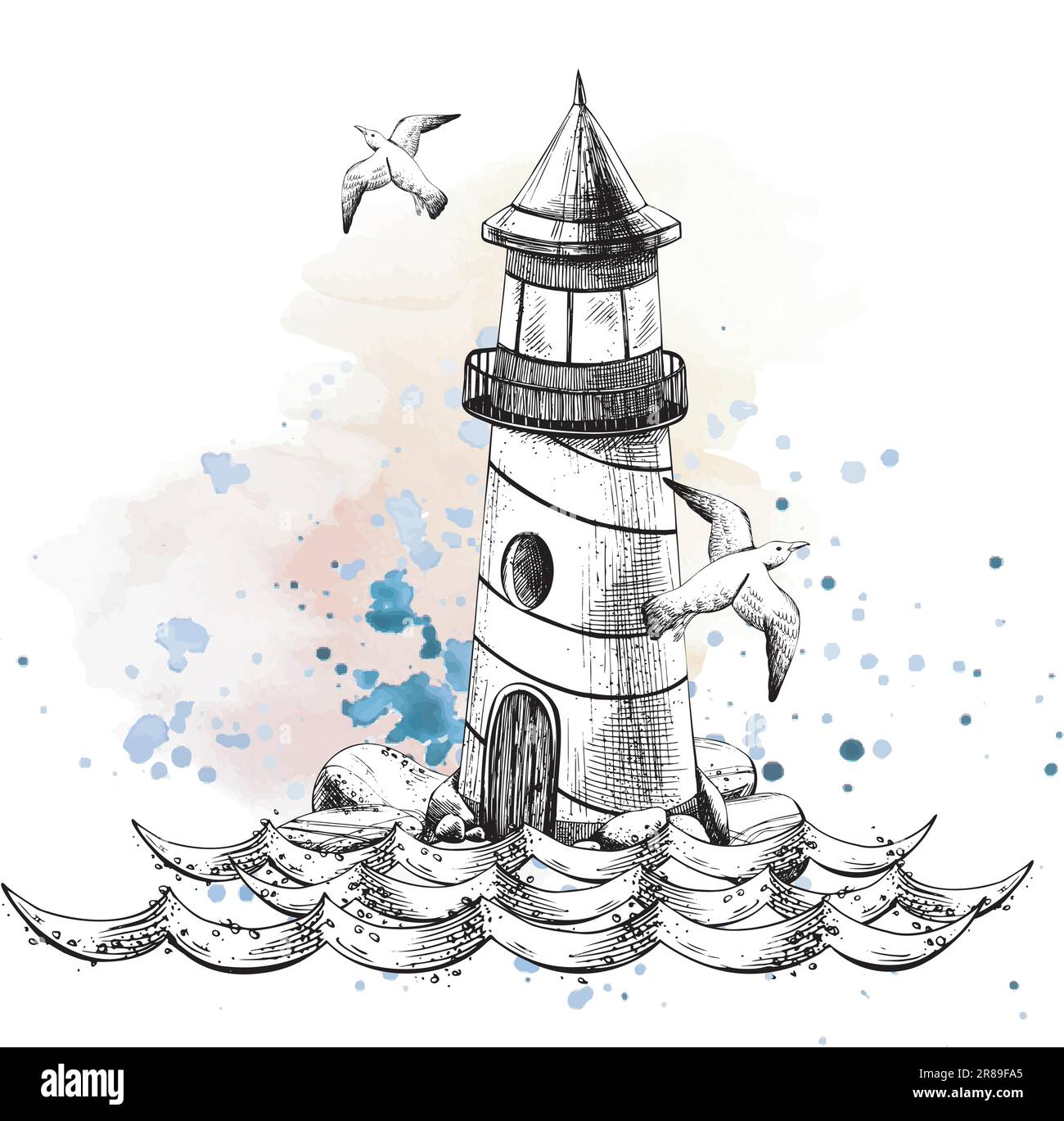 Sea lighthouse on stones with waves and flying seagulls. EPS hand drawn ...