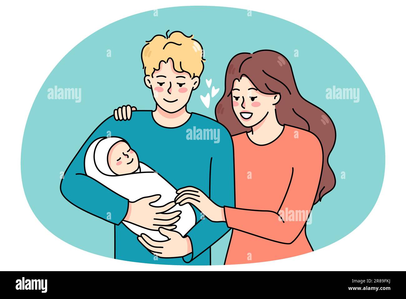Happy young family with newborn baby enjoy parenthood together. Smiling ...