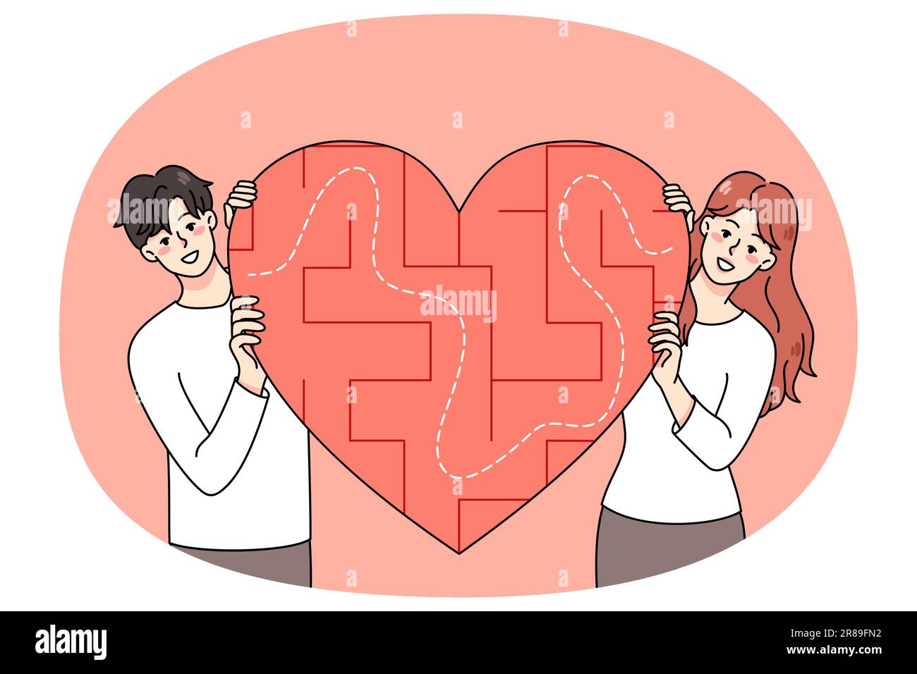 Happy young couple with heart symbol with labyrinth inside search love ...