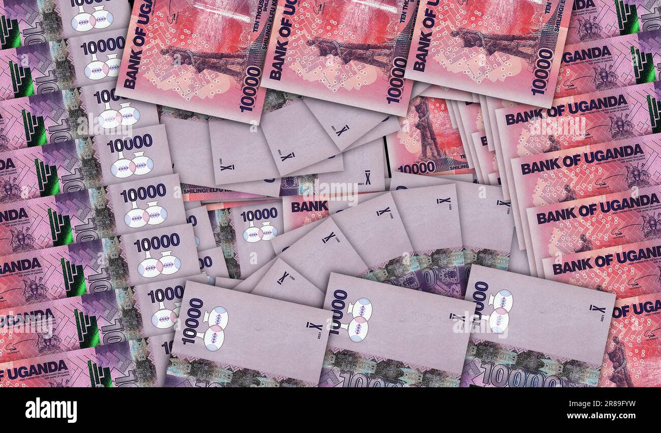 Uganda Shilling banknotes in a cash fan mosaic pattern. 10000 UGX money ...