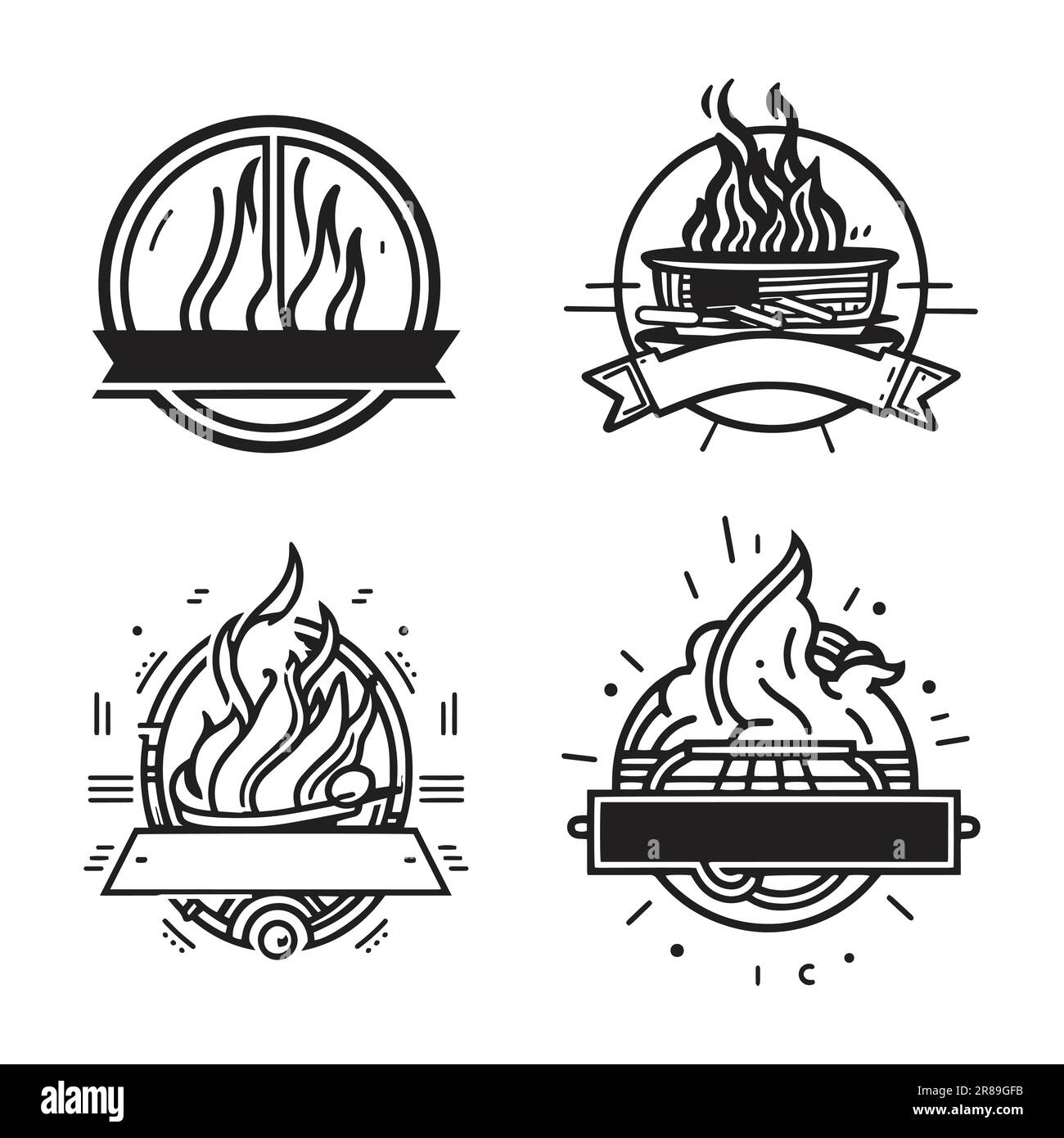 Hand Drawn vintage fire with barbecue logo in flat line art style ...