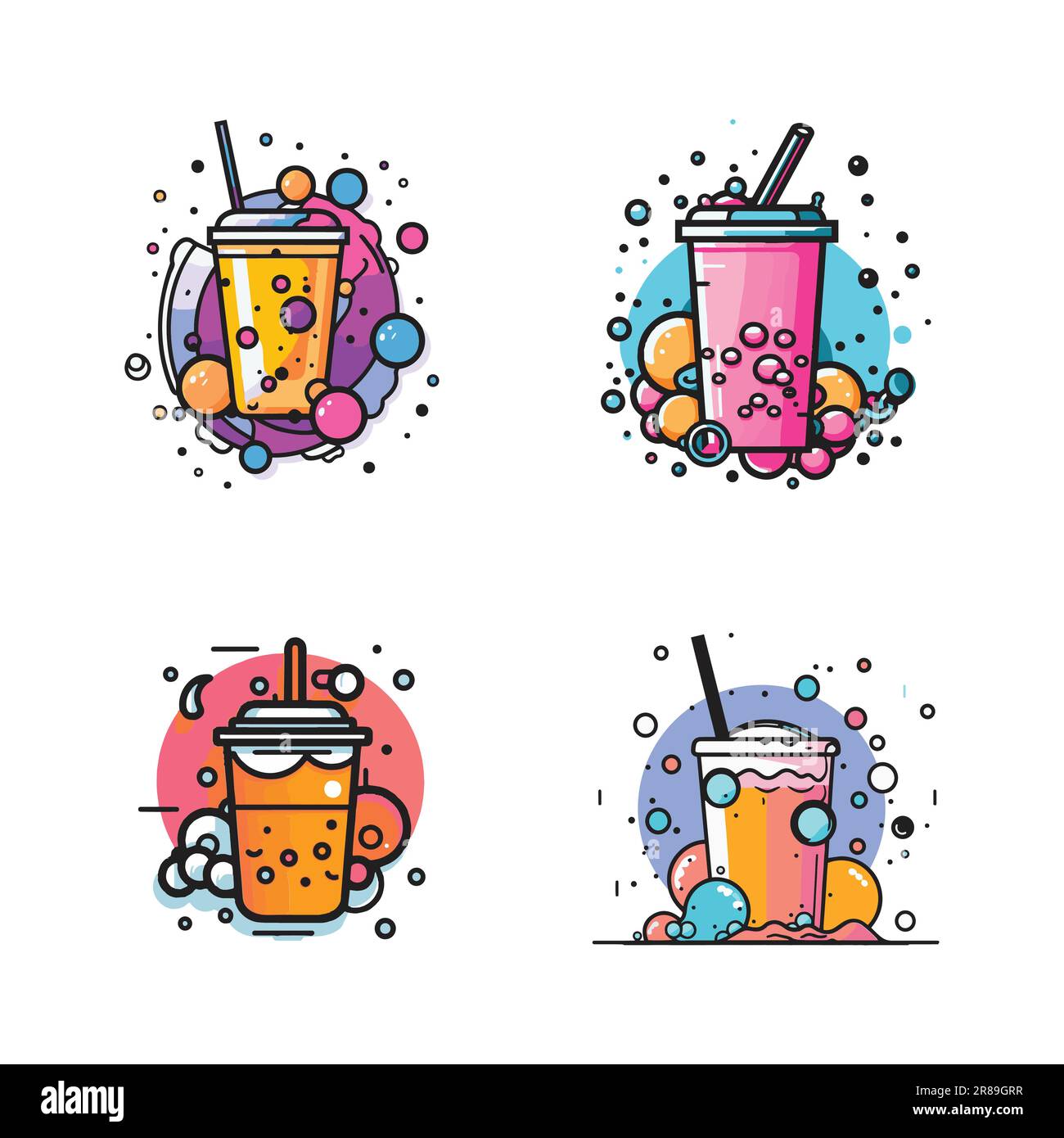 Hand Drawn vintage bubble milk tea logo in flat line art style isolated ...