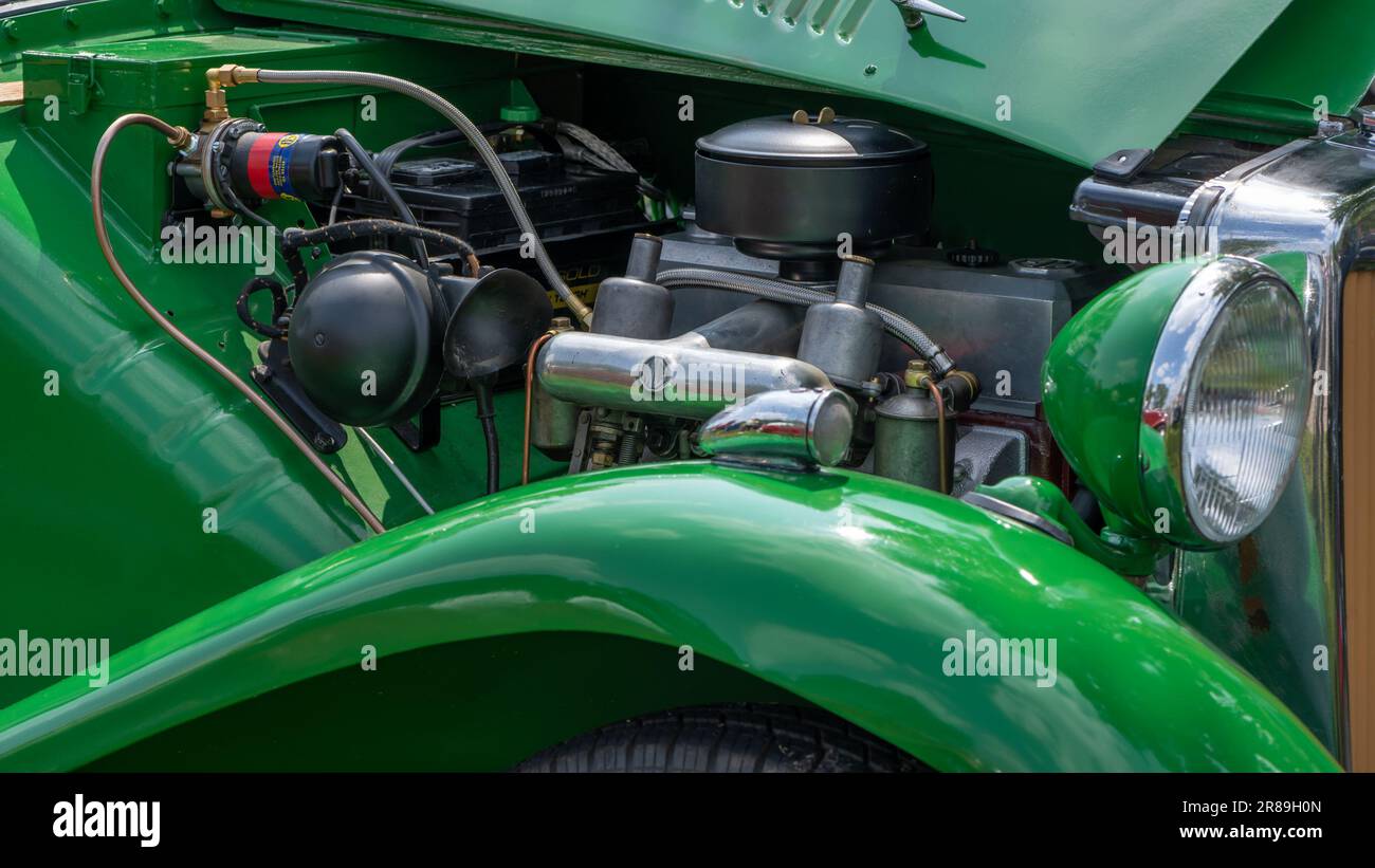 DEARBORN, MI/USA - JUNE 17, 2023: Close-up of a 1952 MG TD engine, The ...
