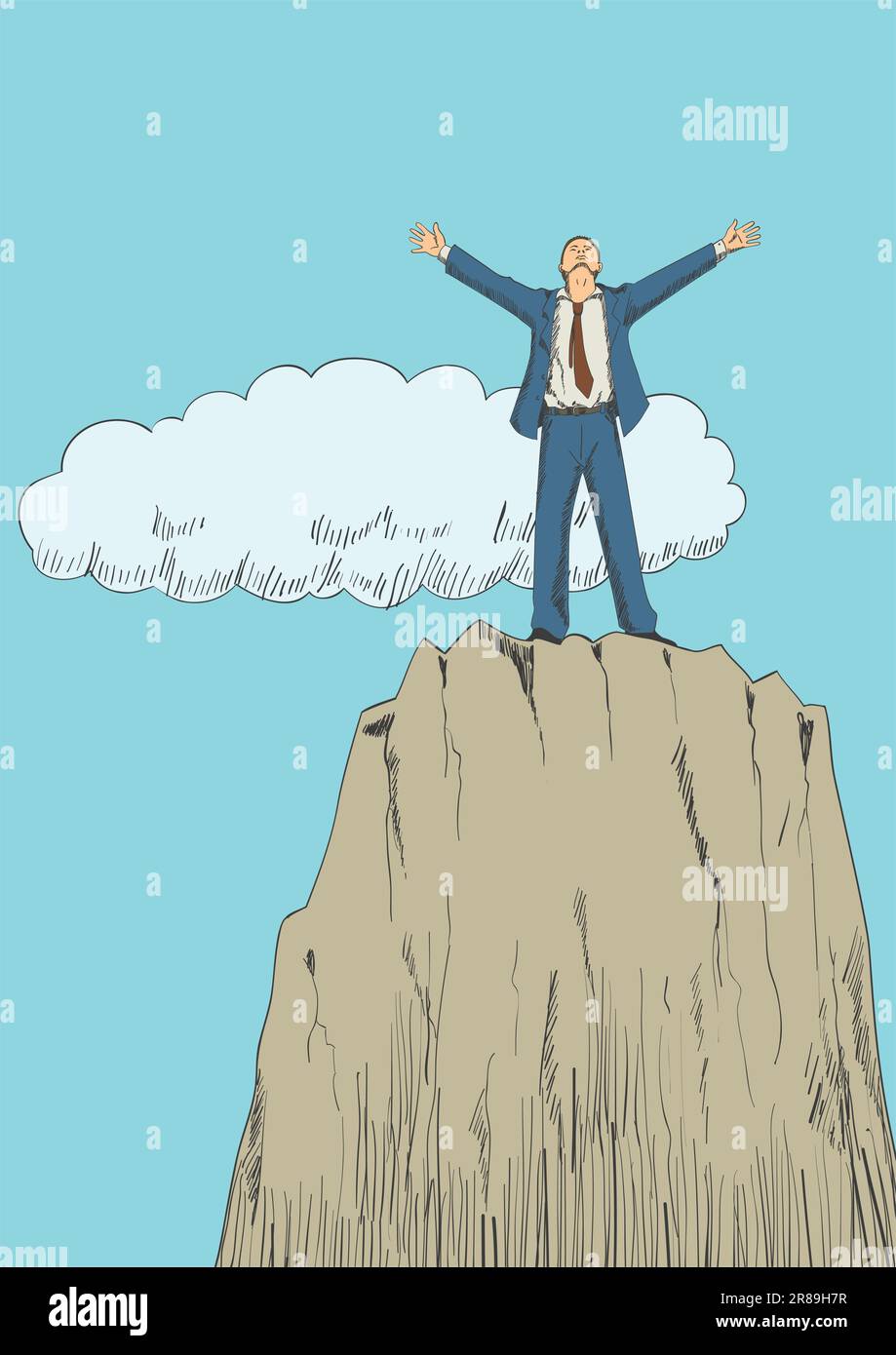 Cartoon illustration of a businessman standing with open arms on top of ...