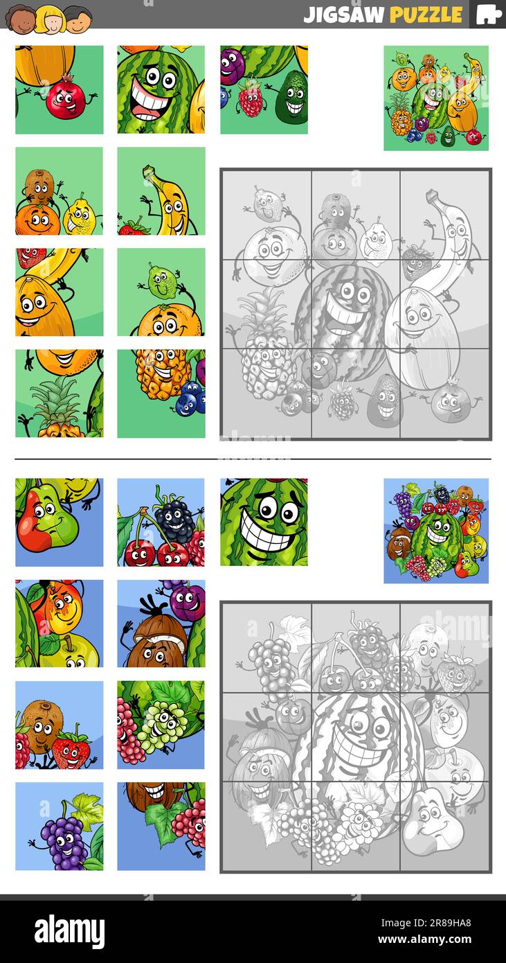 Cartoon illustration of educational jigsaw puzzle activities set with ...