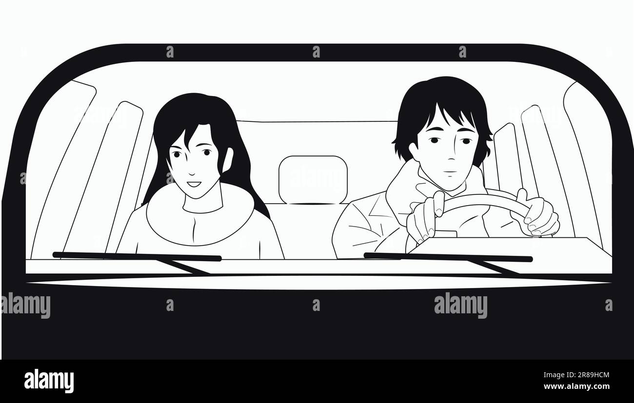 A girl and a guy are driving in a car. Black and white. Vector Stock ...