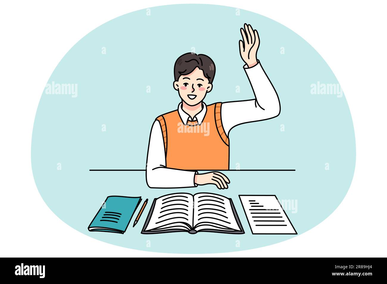 Active schoolboy sitting at desk in class raise hand volunteer to ...