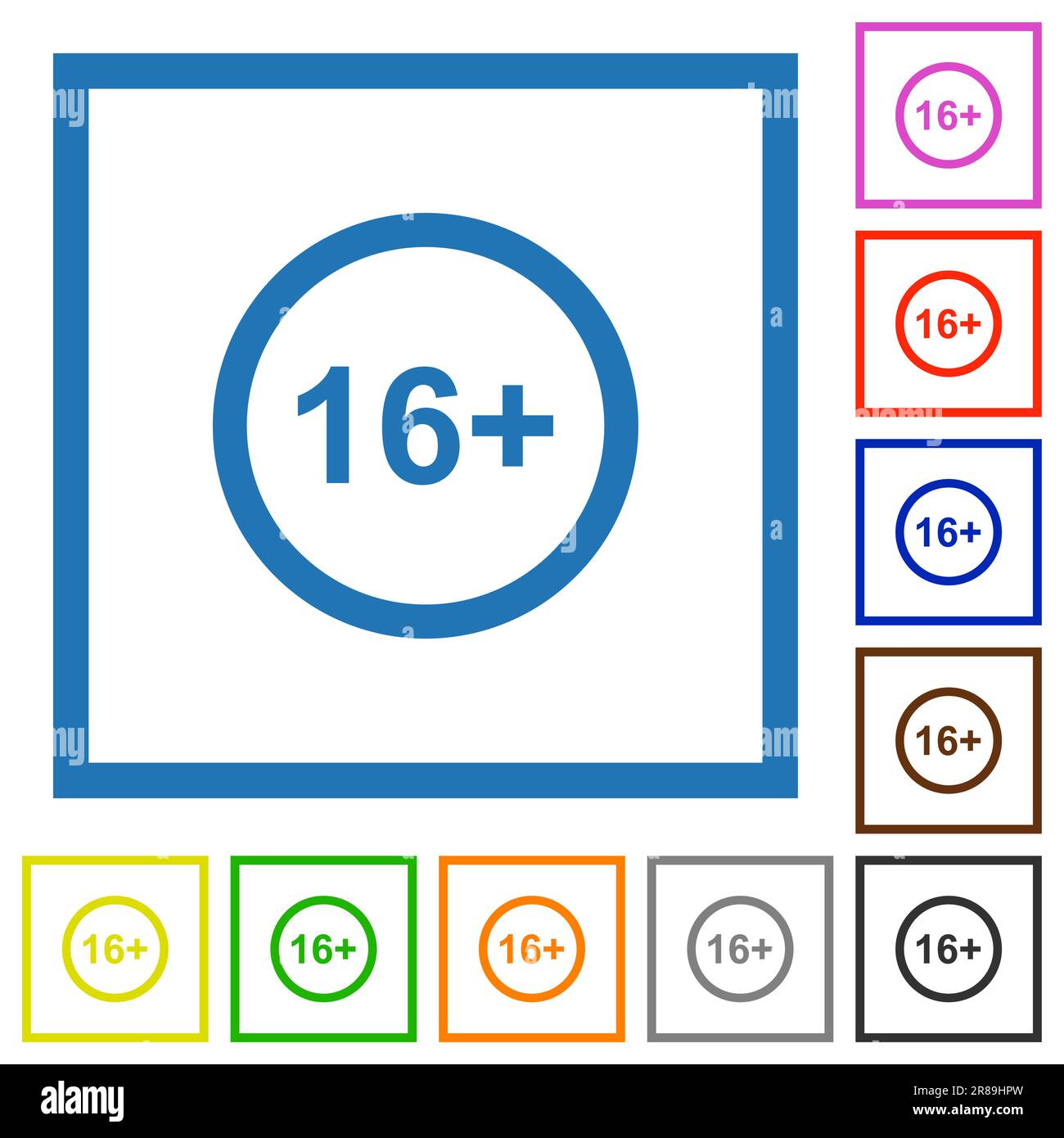 Allowed above 16 years only flat color icons in square frames on white ...