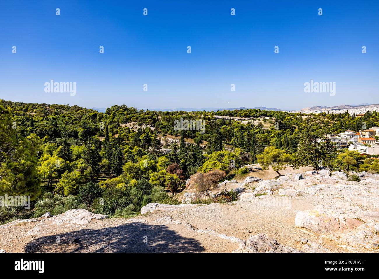 A landscape of a valley covered in greenery in Athens, Greece Stock ...