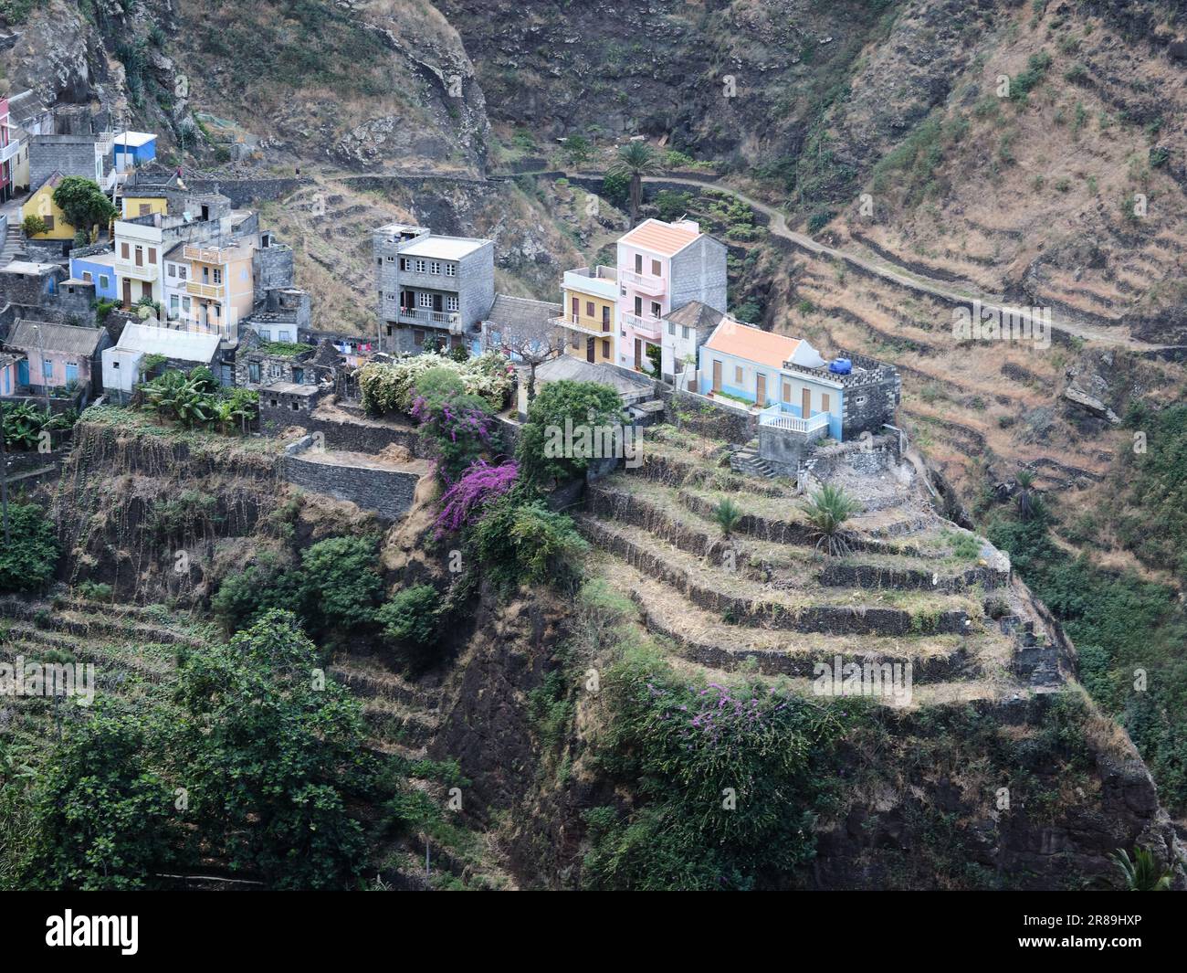 Aerial view of Fontainhas, Santo Antao Cabo Verde from an adjacent path ...