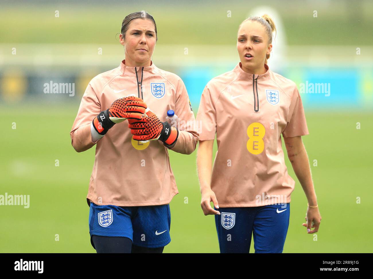 England goalkeepers Mary Earps (left) and Ellie Roebuck during a training session at St. George ...
