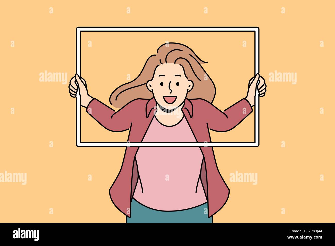 Smiling woman with empty frame posing making picture. Happy girl put ...