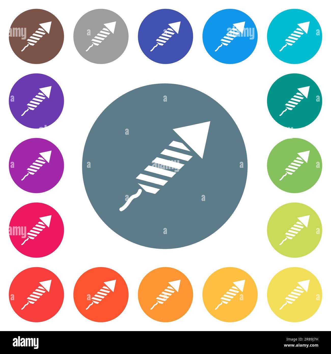 Firework rocket flat white icons on round color backgrounds. 17 background color variations are ...