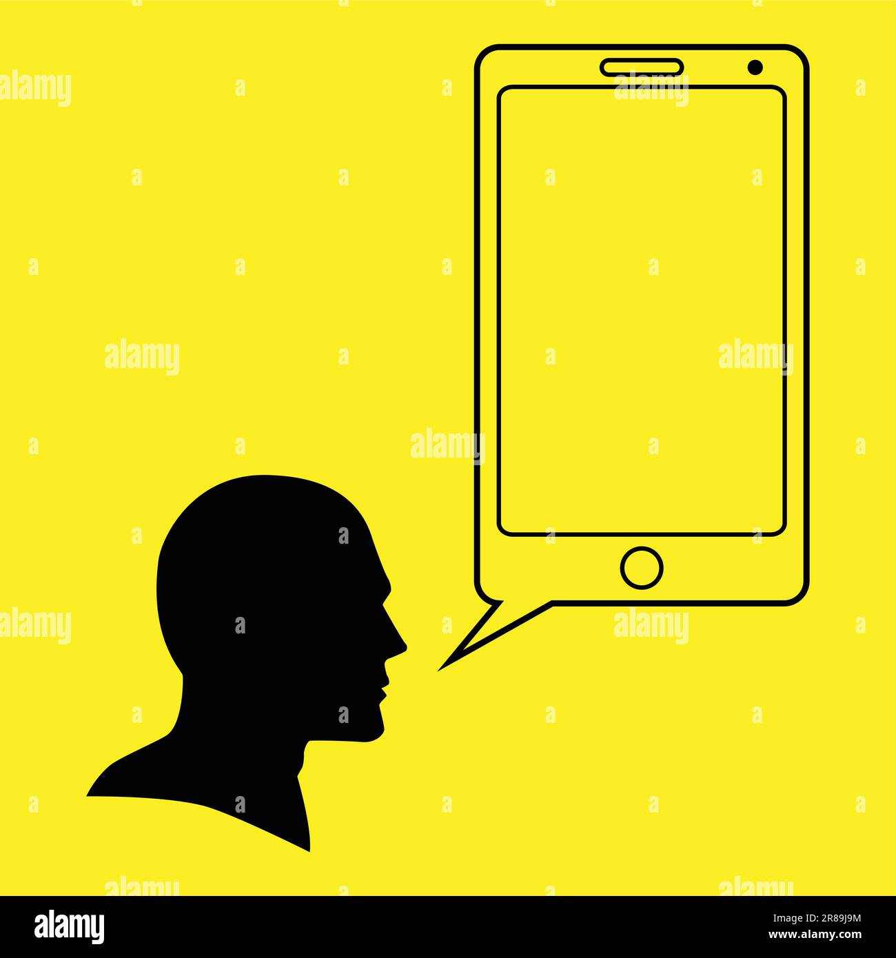 Graphic illustration of a human head and smart phone as bubble text ...