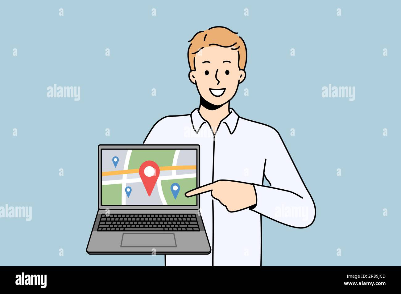 Smiling man showing location tag on map on computer screen. Happy male ...