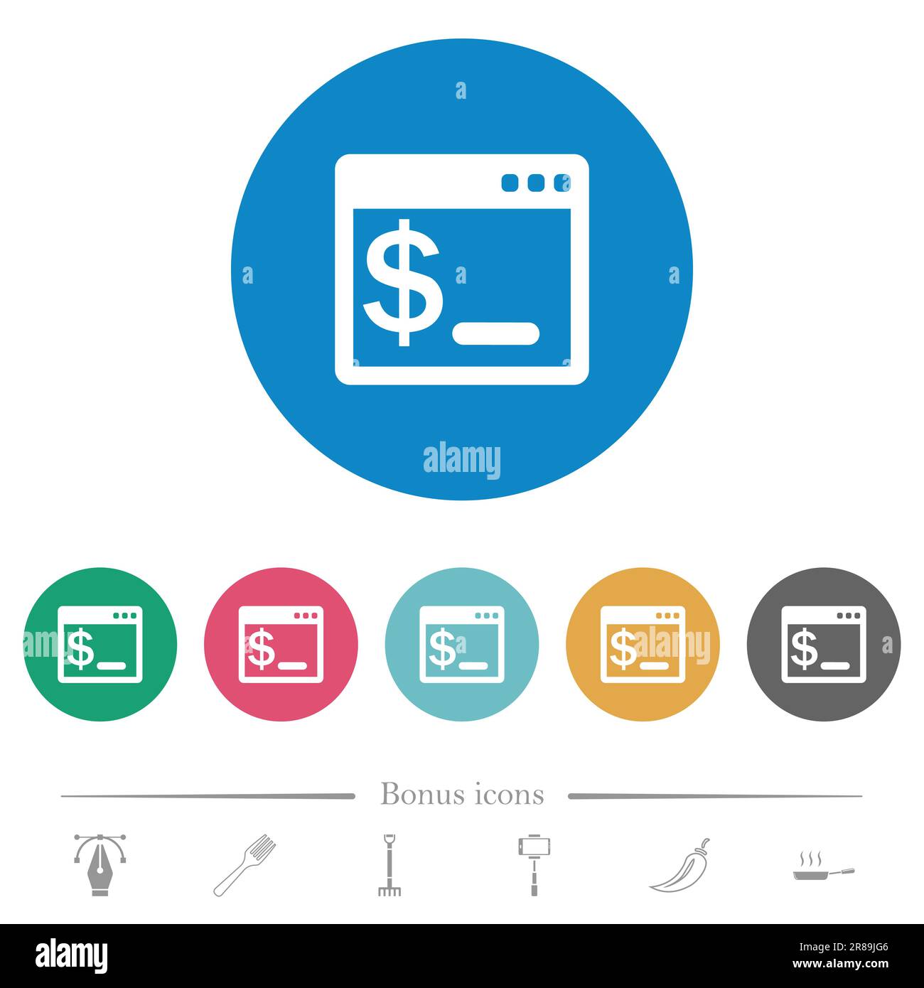 OS command terminal flat white icons on round color backgrounds. 6 ...